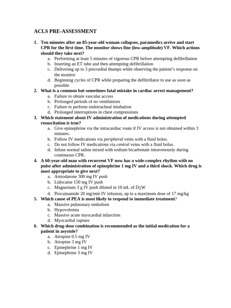 Acls Pre-Assessment | PDF | Cardiopulmonary Resuscitation | Intravenous ...