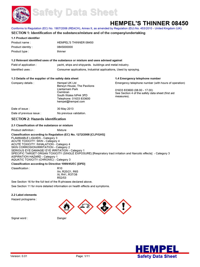 Hempel's Thinner 08450 Safety Data Sheet | PDF | Toxicity | Dangerous Goods