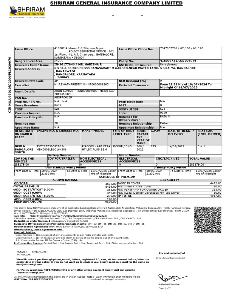 Shriram General Insurance Policy Schedule | PDF | Vehicles | Insurance