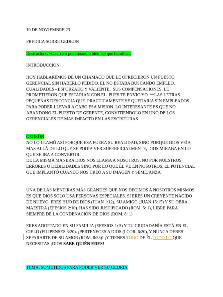 Predica de Gedeon 19 de Noviembre | PDF | Contenido bíblico ...