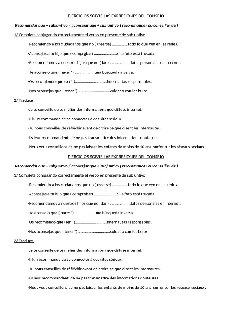 EJERCICIOS SOBRE LAS EXPRESIONES DEL CONSEJO | PDF