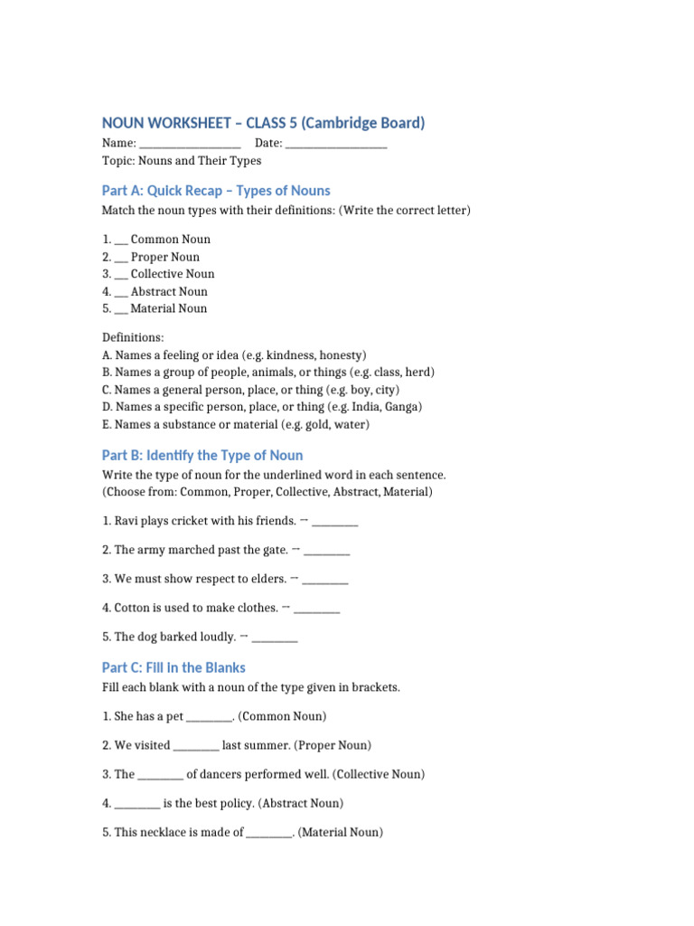 Noun Worksheet Class5 | PDF