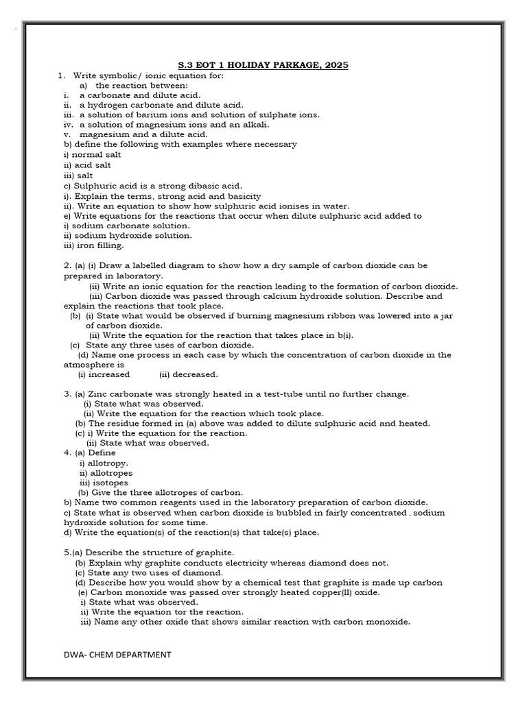 Chem Holiday Parkage, Eot 1, 2025 | PDF | Chemical Reactions | Salt (Chemistry)