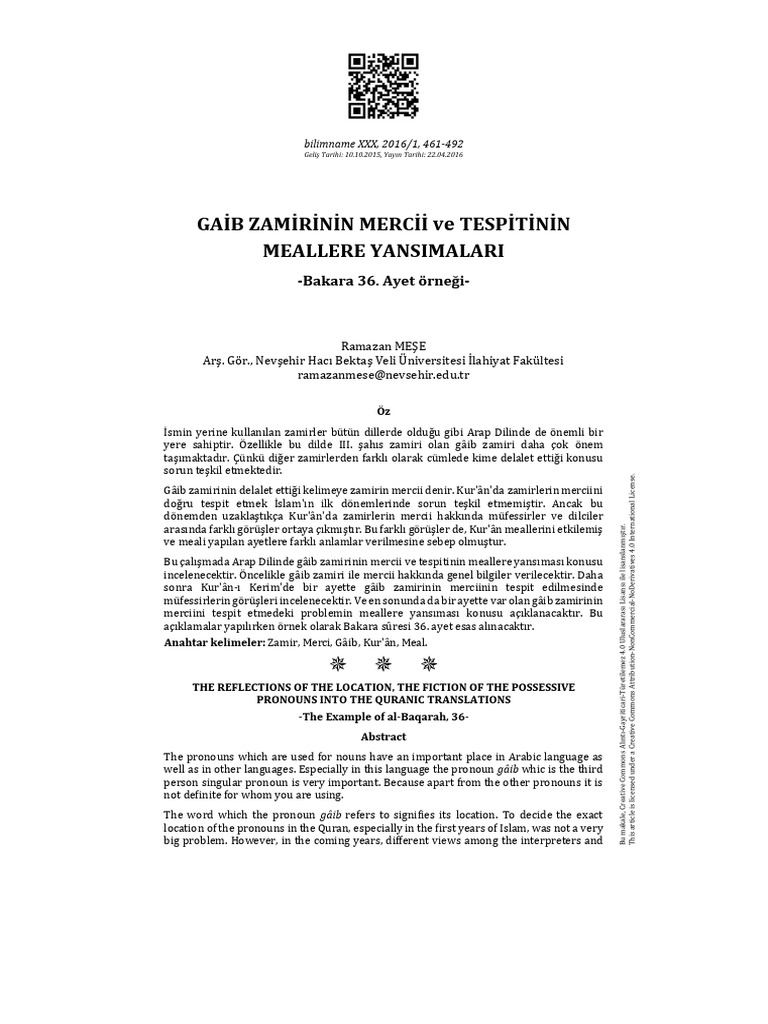 GAİB ZAMİRİNİN MERCİİ Ve TESPİTİNİN MEALLERE YANSIMALARI | PDF