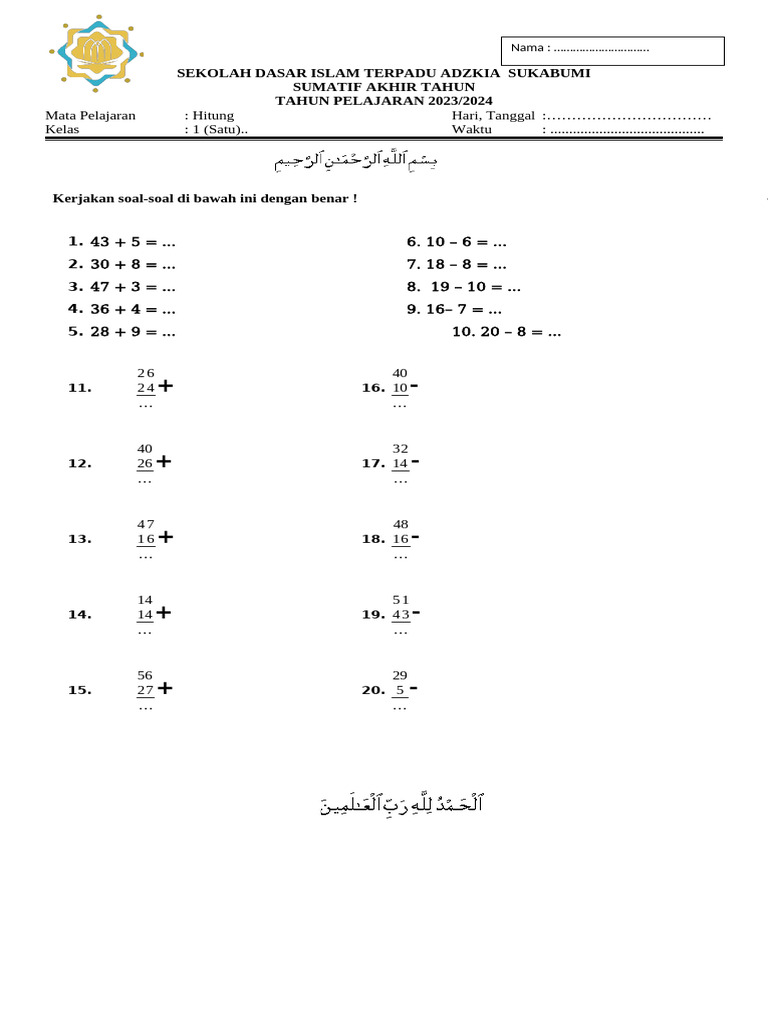 Soal Sat Hitung Kelas 1 | PDF