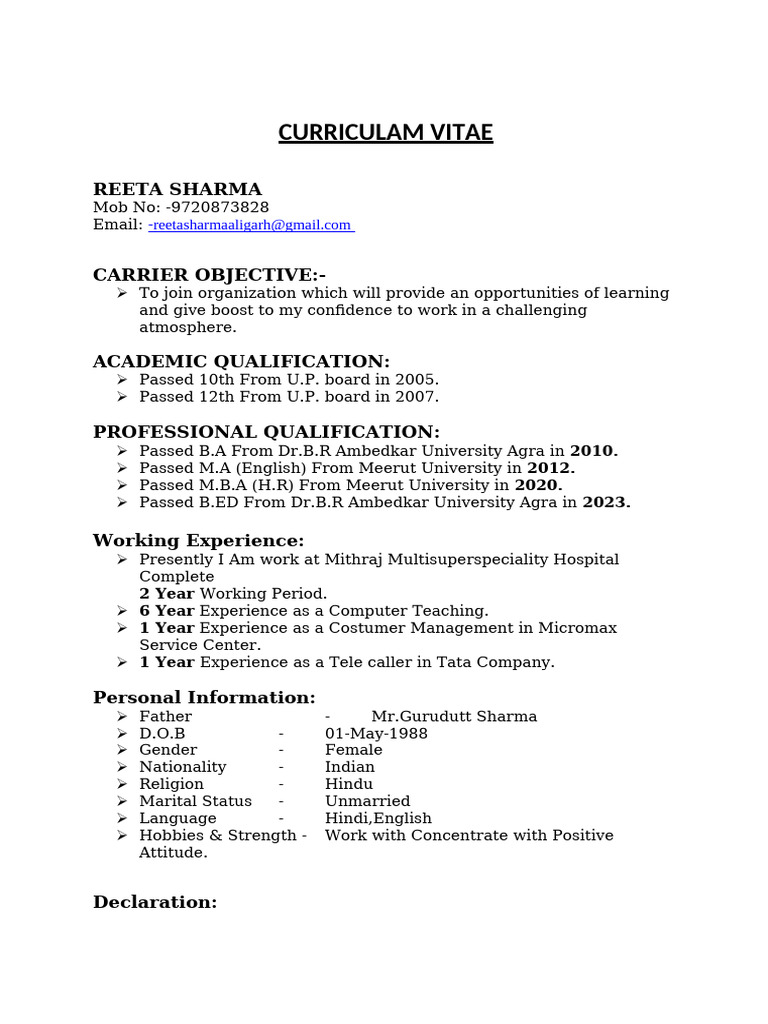 Reeta ECHS Resume | PDF