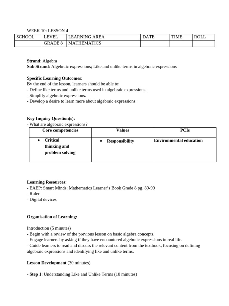 Grade 8 Maths Lesson Plans On Algebra | PDF | Equations | Learning