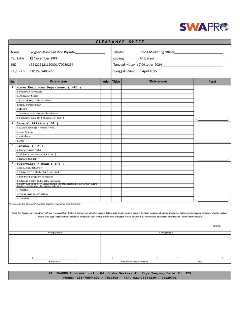 Clearence Sheet Swapro-ADIRA | PDF