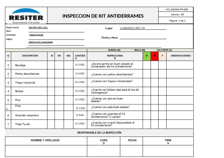 Check-list-kit-antiderrames CAMIONETA BCZ-818 | PDF