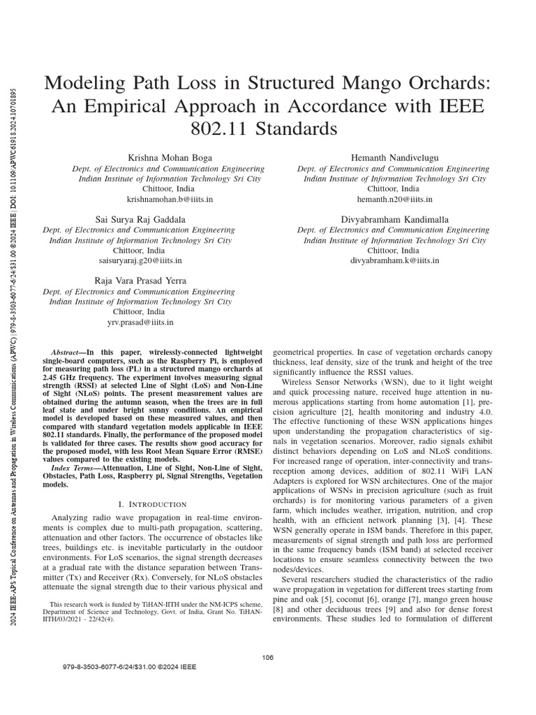Modeling Path Loss in Structured Mango Orchards An Empirical Approach in Accordance With IEEE ...
