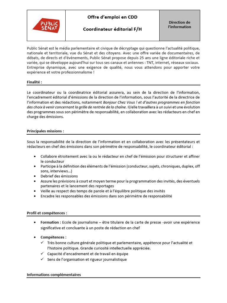 2025.04.14 Fiche de Poste Coordinateur Éditorial v6 | PDF | Journalisme