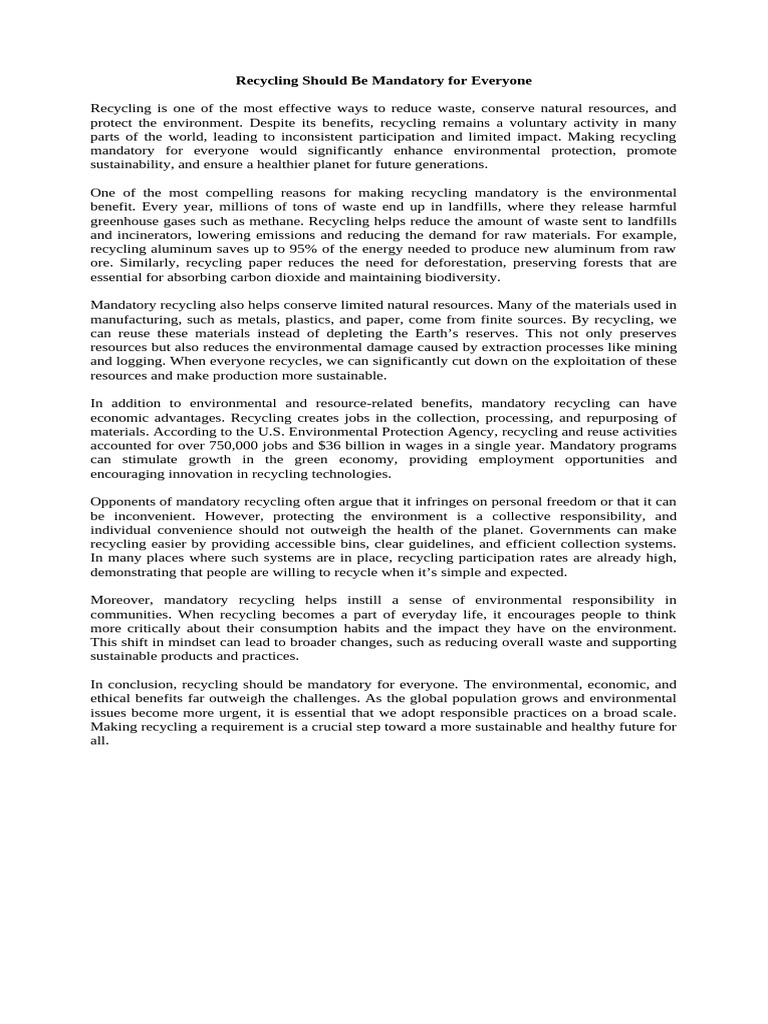 Recycling Should Be Mandatory For Everyone | PDF | Recycling | Waste