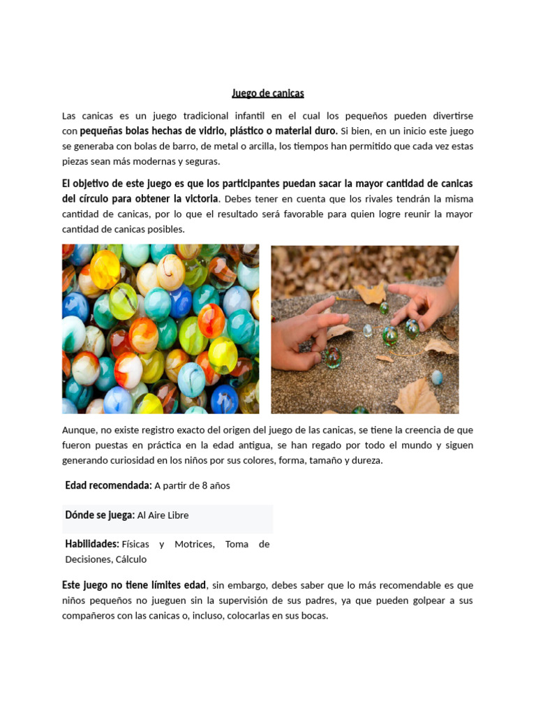Juego tradicional de canicas: guía completa | PDF