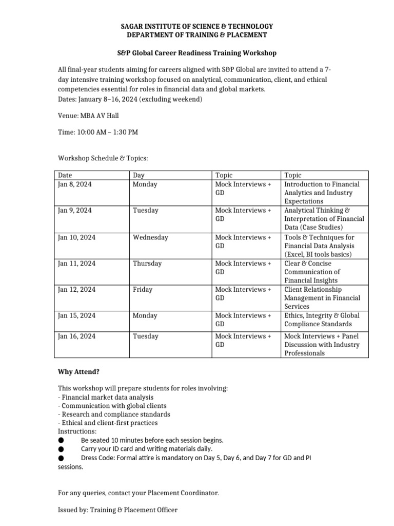 S&P Global Training Workshop Notice | PDF