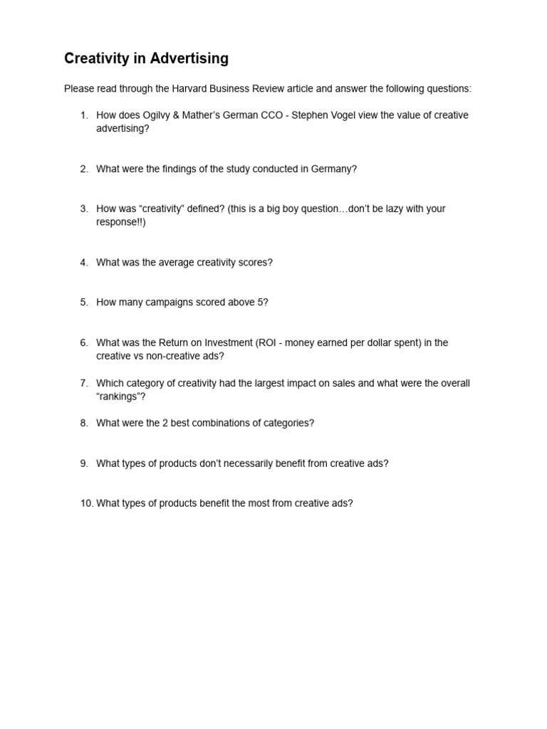 Creativity in Advertising - Question Sheet | PDF