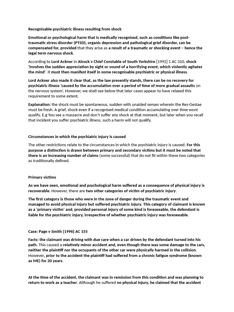 Negligence - Psychiatric Harm - CH5 (Lecture 10) | PDF | Negligence | Common Law