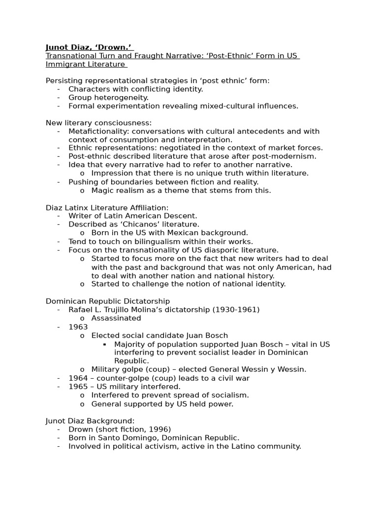Junot Diaz, 'Drown.' Storia Della Cultura Nordamericana | PDF