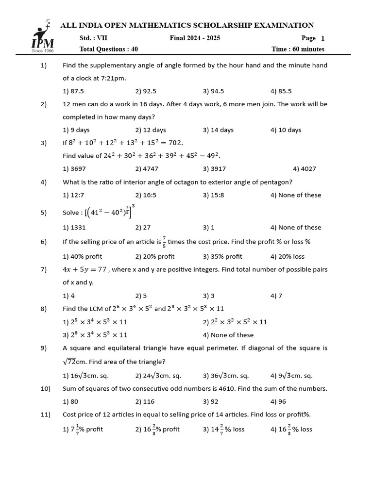 Grade 7 Math Exam Questions 2024-25 | PDF | Area | Geometric Shapes