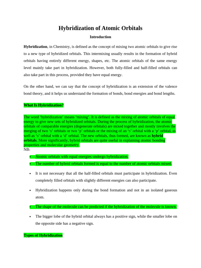 Hybridization of Atomic Orbitals | PDF | Molecular Orbital | Chemical Bond