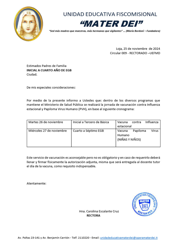 Circular 009 - RECTORADO –UEFMD | PDF