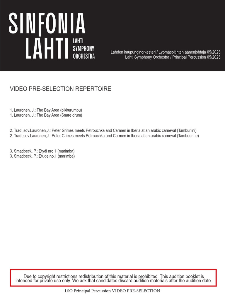 Principal Percussion 2025 Preselection | PDF