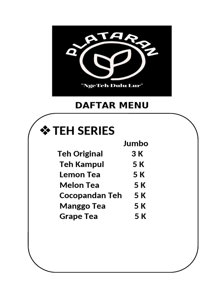 Daftar Menu Teh Plataran | PDF
