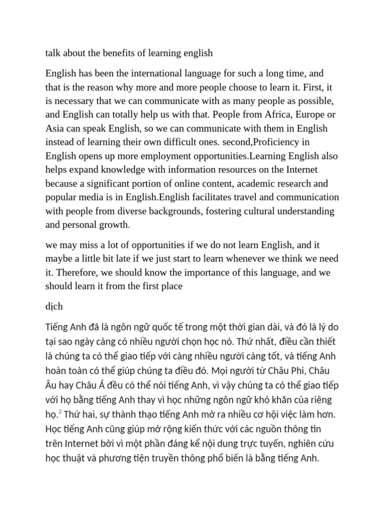 Talk About The Benefits of Learning English | PDF