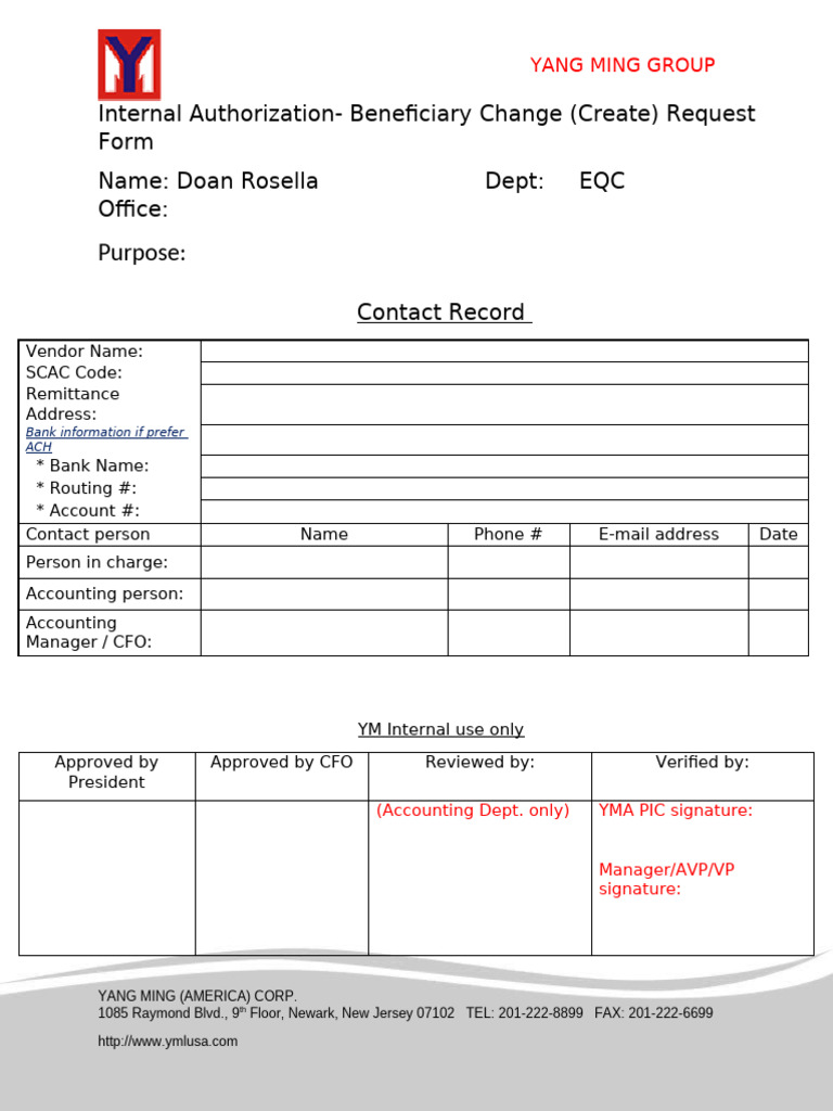 Internal Authorization - Beneficiary Change (Create) Request Form | PDF