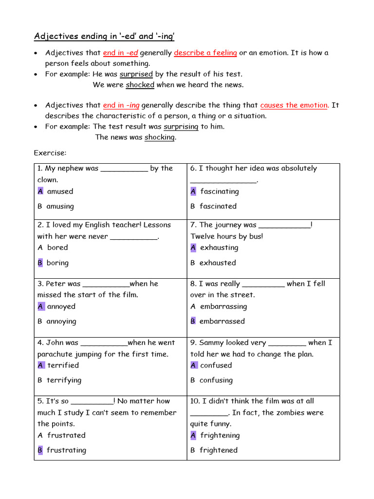 Adjectives Ending in - Ed or - Ing | PDF