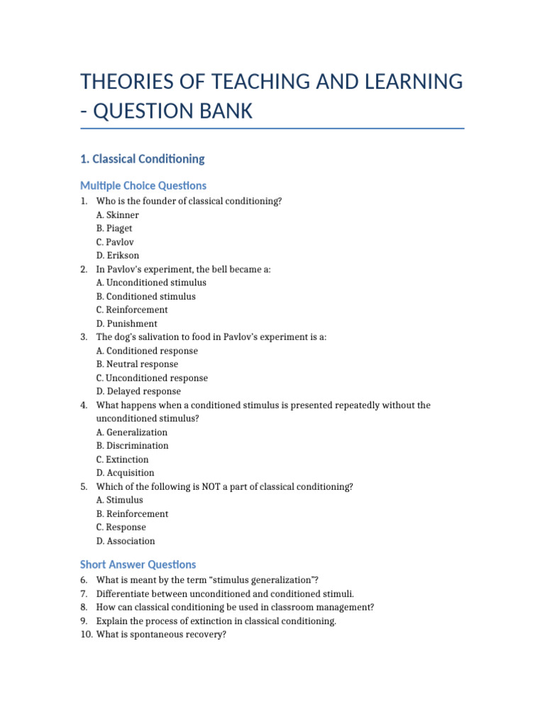 Teaching and Learning Theories Quiz | PDF | Classical Conditioning ...