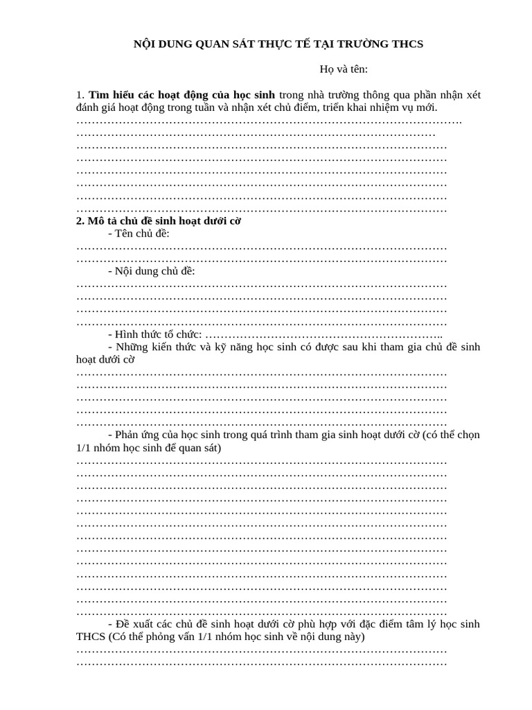 NỘI DUNG QUAN SÁT THỰC TẾ TẠI TRƯỜNG THCS | PDF