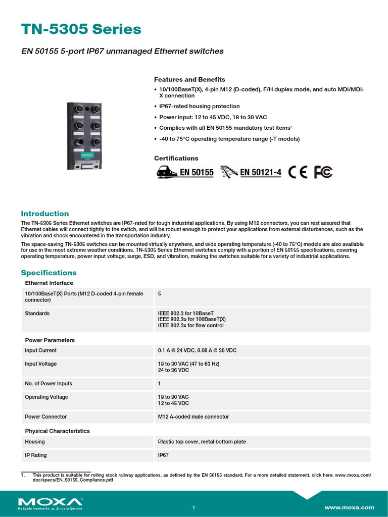 Moxa TN 5305 Series Datasheet v1.1 | PDF | Computer Engineering | Telecommunications