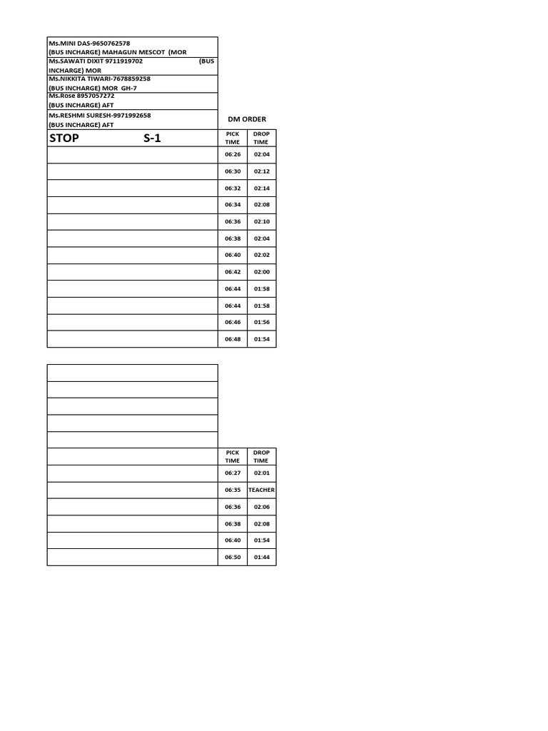 Tomorrow Buses Timing DM Order Class 2 To 12th Pickup & Drop Class 1 | PDF