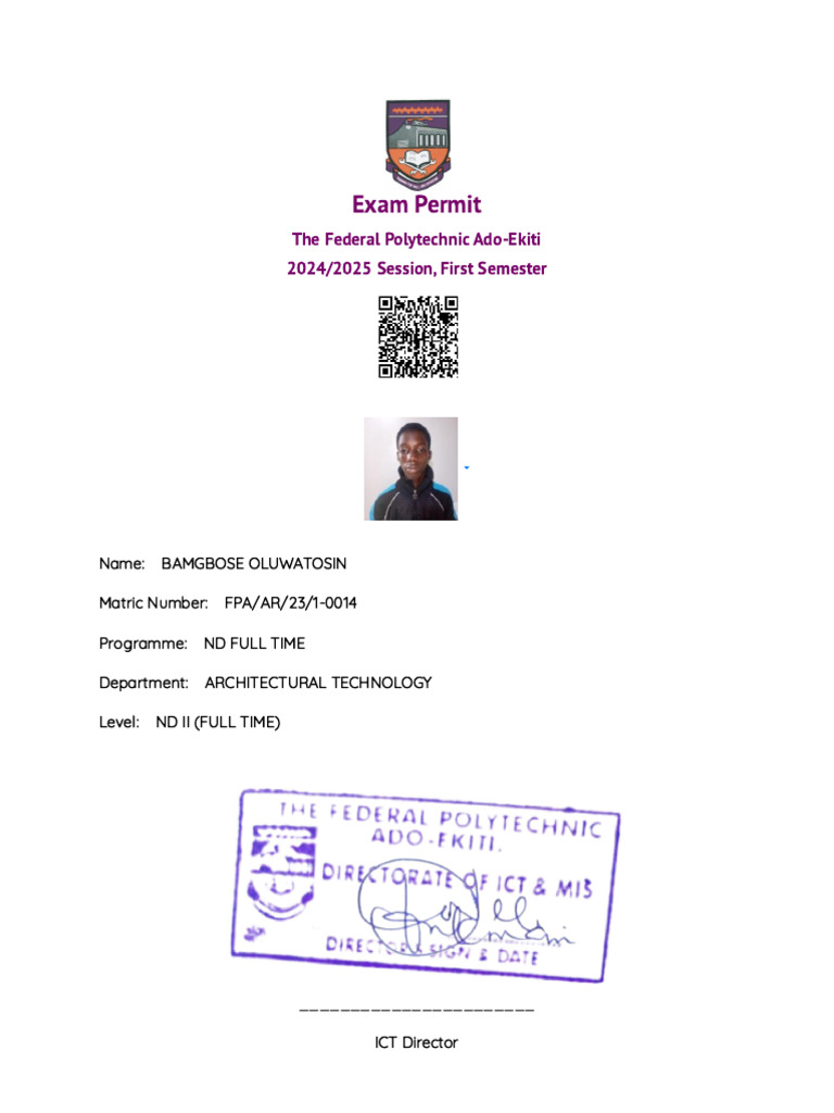 Federal Polytechnic Ado Exam Permit | PDF