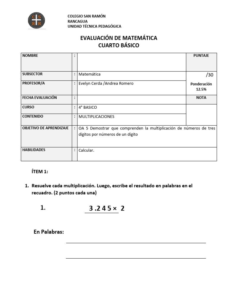 Prueba Matemática Multiplicacion 5 | PDF
