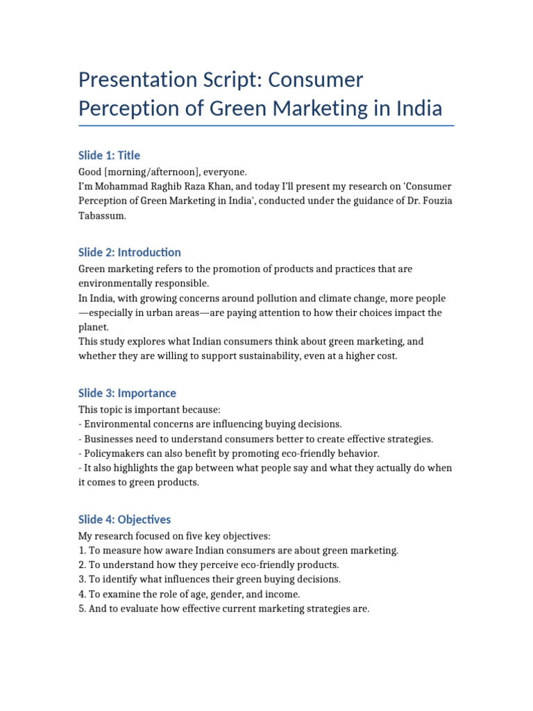 Green Marketing Presentation Script | PDF | Marketing | Consumer Behaviour