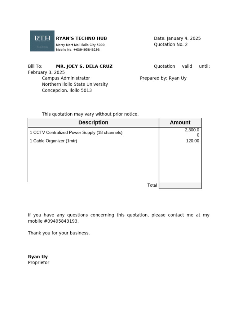 Quotation CCTV Power Supply - Nisu Concepcion - Ryan's Hub | PDF