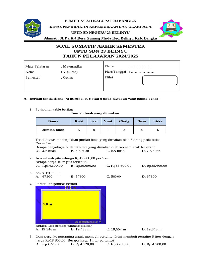 Soal SAS MTK Kelas 5 | PDF