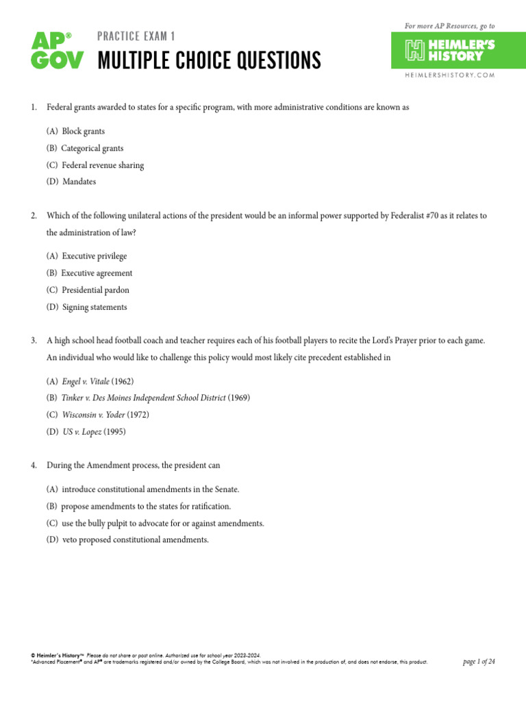 AP Gov Practice Exam 1 Overview | PDF | Supermajority | Personal ...