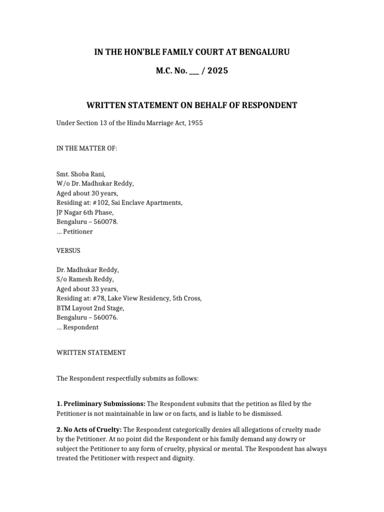 Written Statement DR Madhukar Reddy | PDF | Marriage | Justice
