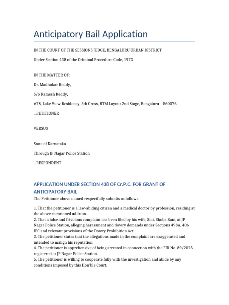 Anticipatory Bail Application DR Madhukar Reddy | PDF