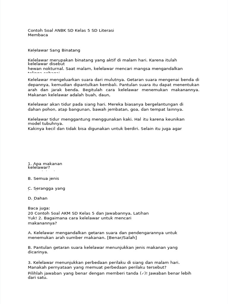 Contoh Soal ANBK SD Kelas 5 Literasi | PDF