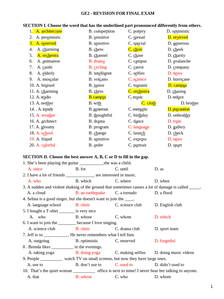 TA2 - KEY - GE2 - REVISION FOR FINAL EXAM | PDF | Meal | William Mc Kinley