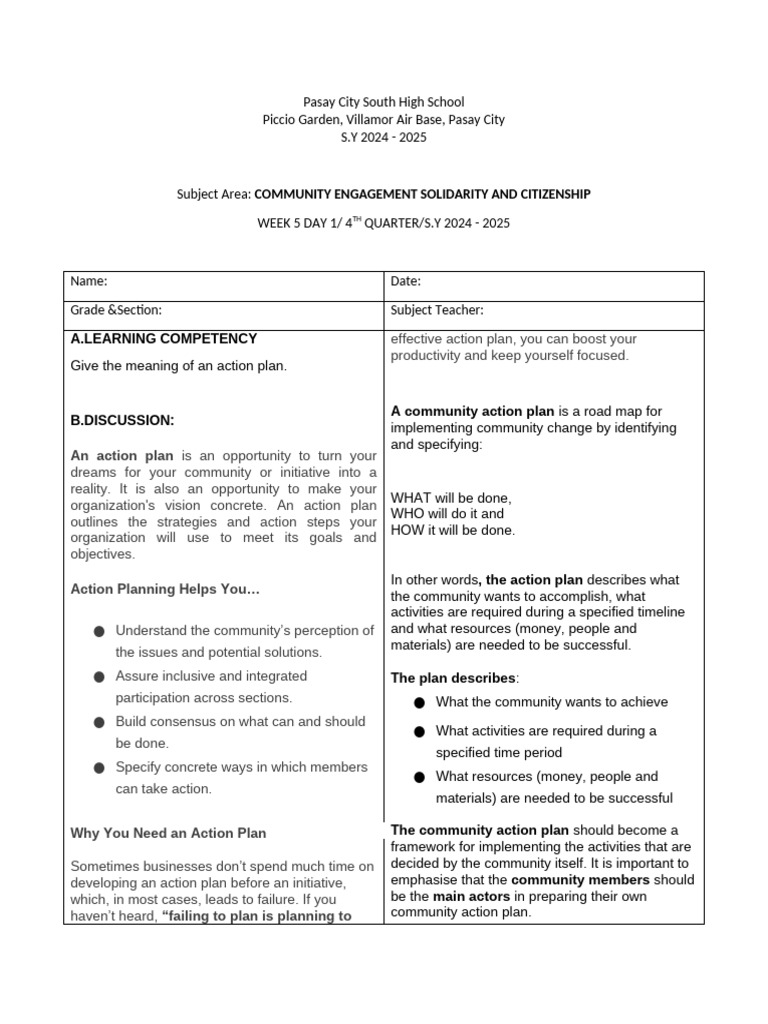 Worksheet Cesc Week 5 Q4 | PDF | Goal | Evaluation