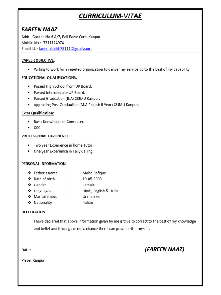 Curriculum-Vitae: Fareen Naaz | PDF