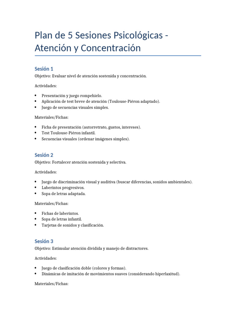 Plan 5 Sesiones CogniKids | PDF
