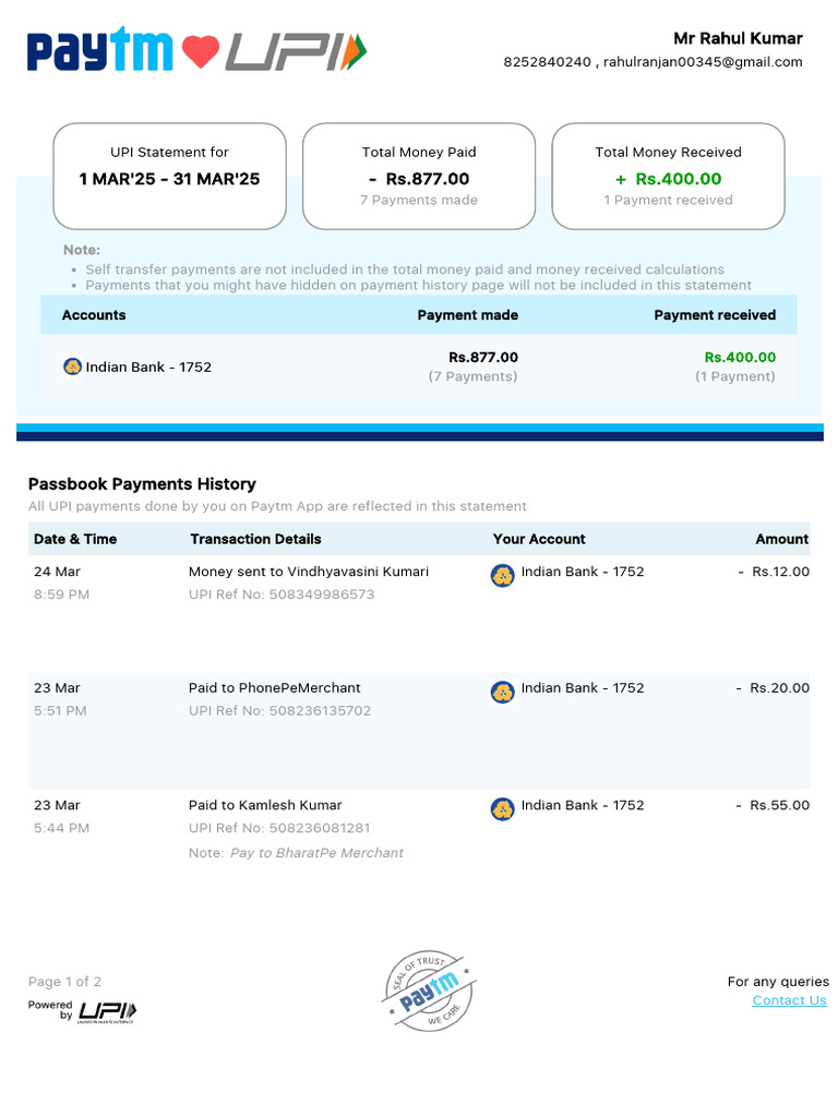 Paytm UPI Statement March 2025 | PDF | Banks | E Commerce