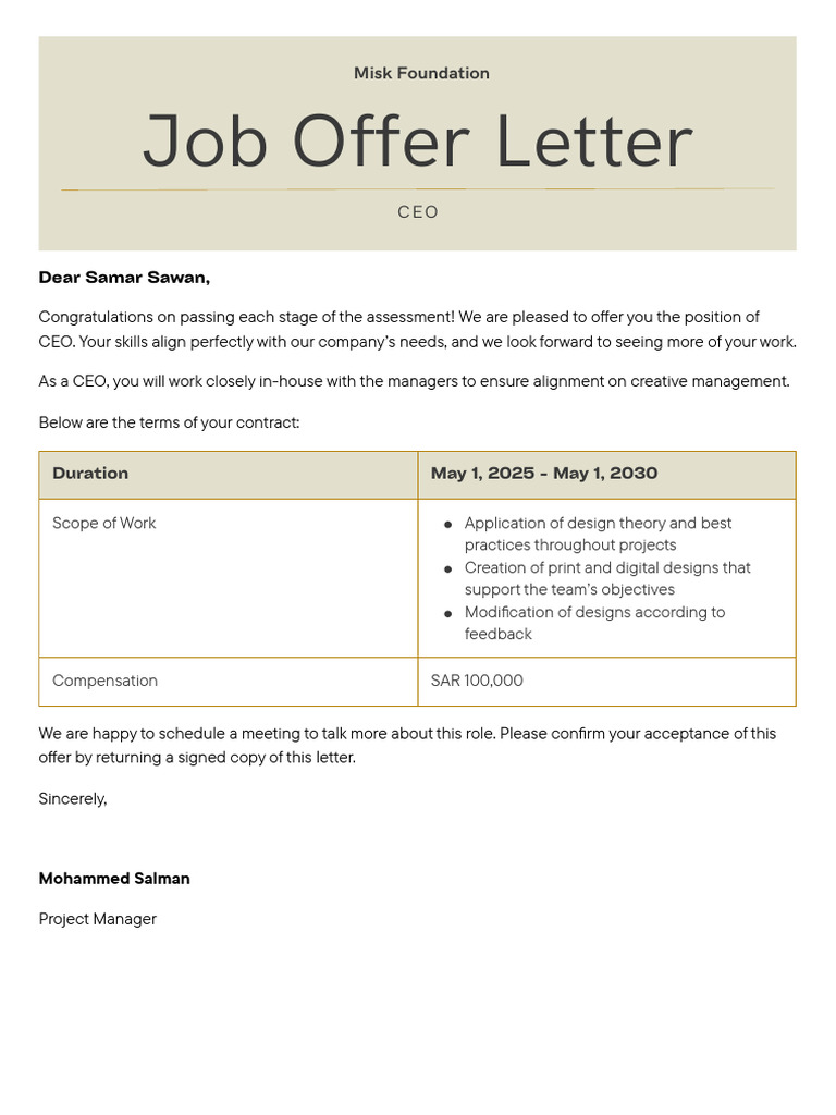Samar Sawan Job Offer Letter Misk Foundation | PDF