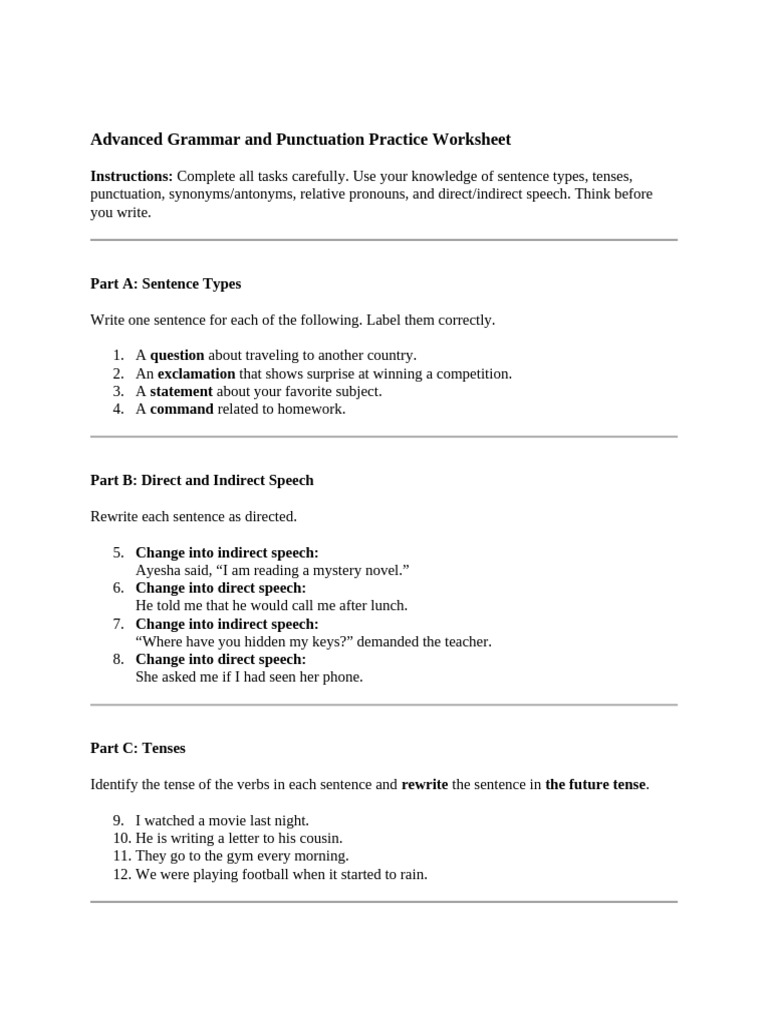 Advanced Grammar and Punctuation Practice Worksheet | PDF | Sentence ...