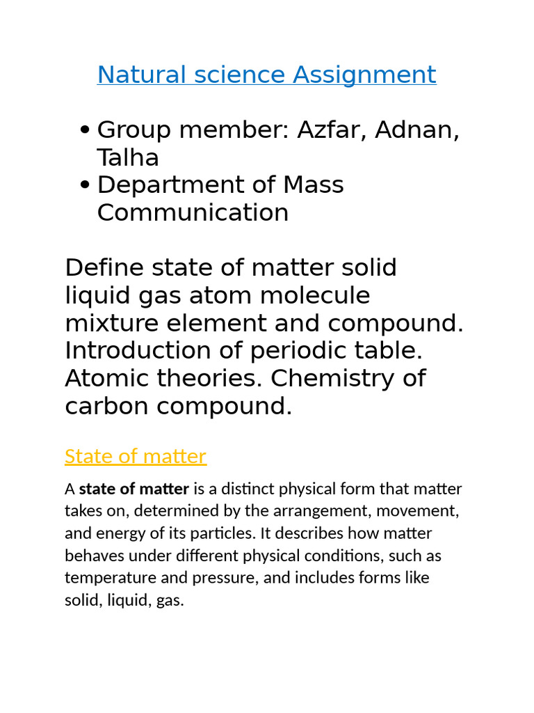 Natural Science Assignment-1 | PDF | Atoms | Chemistry